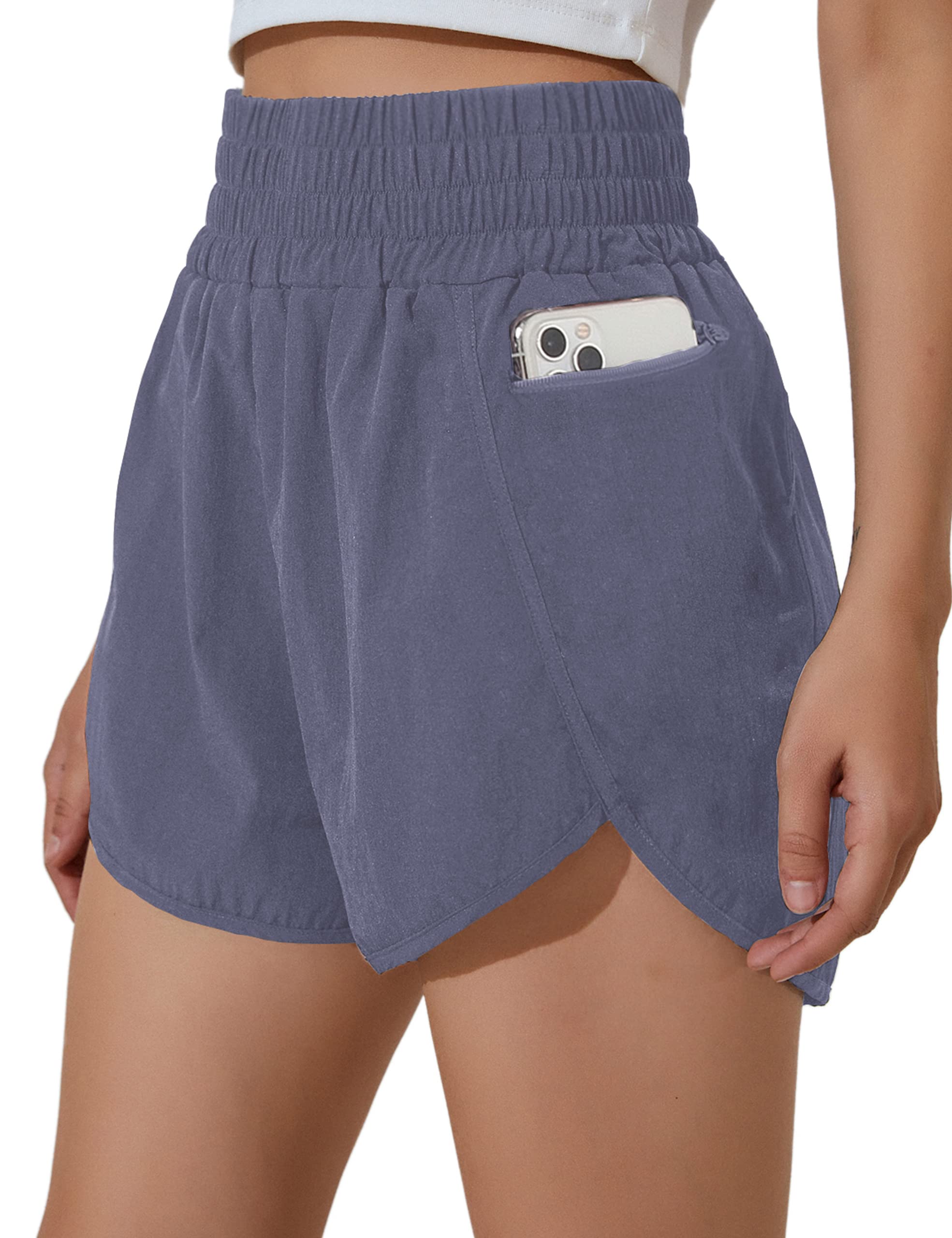 Blooming Jelly Women's High Waisted Running Shorts Athletic Active Workout Shorts with Zip Pocket (Medium, Blue Grey)