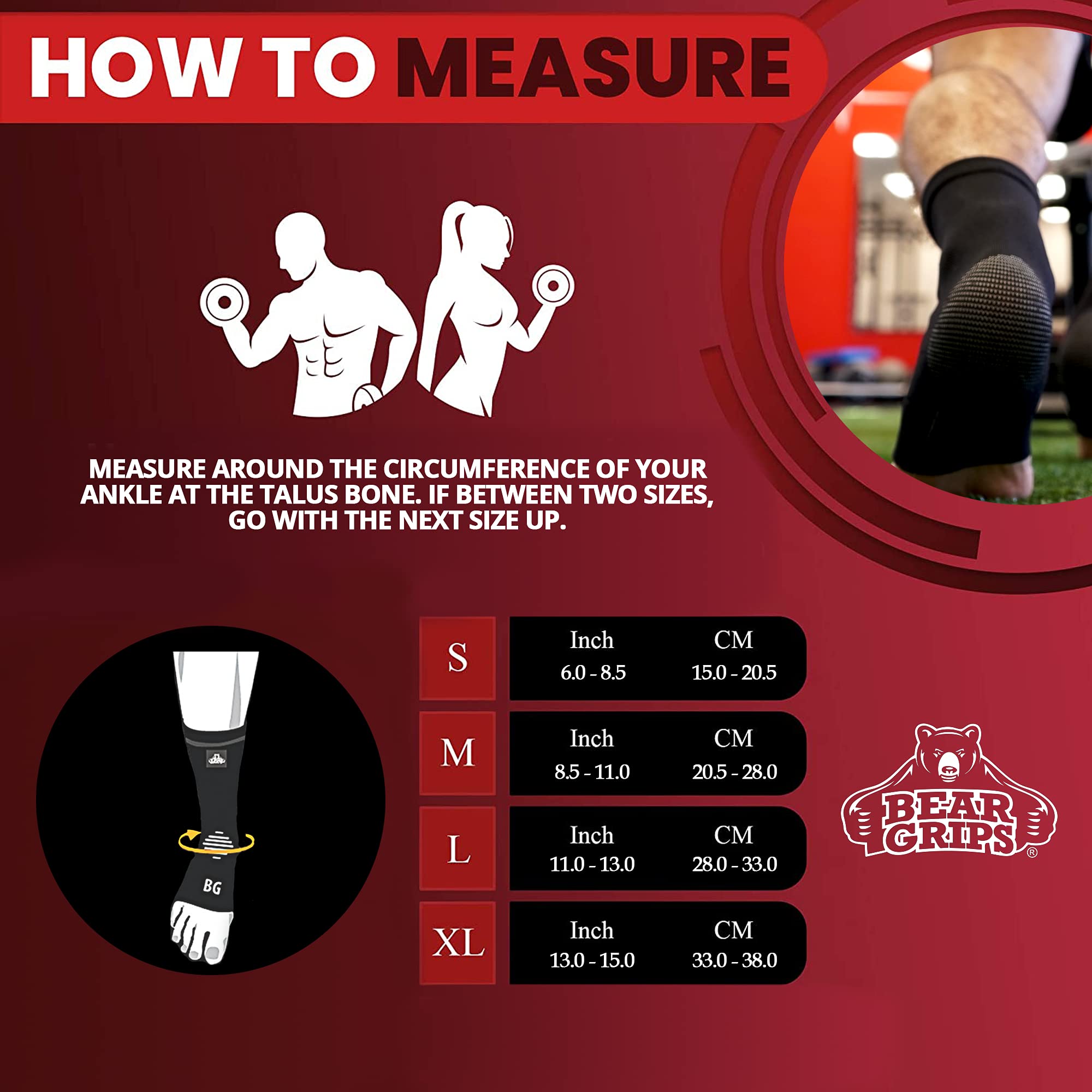 Bear Grips 2021 Lightweight Compression Ankle Sleeve - Superior Ankle Support for Weightlifting, Cardio, & Sports. Graduated Compression Recovery Sleeve, XL. For Men & Women.