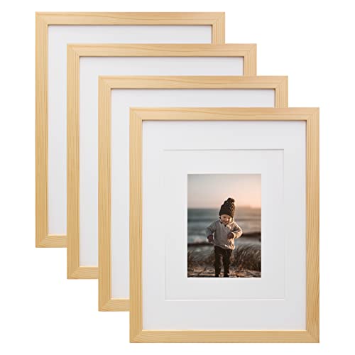 KINLINK 11x14 Picture Frames Natural Wood Frames with Acrylic Plexiglass for Pictures 5x7/8x10 with Mat or 11x14 without Mat, Tabletop and Wall Mounting Display, Set of 4