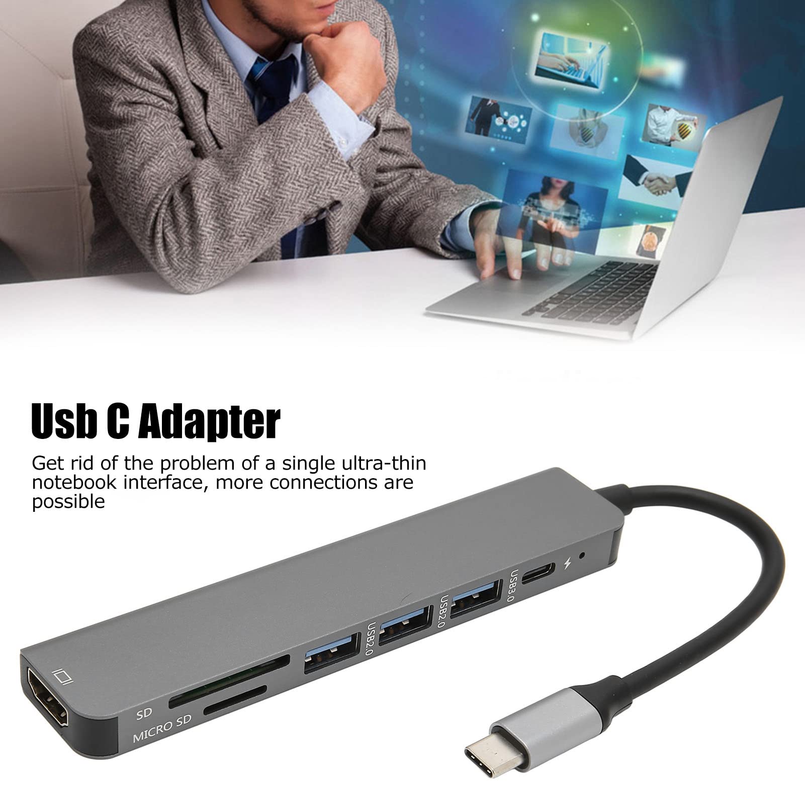 C Hub Multiport Adapter 7 in 1 Multiport Aluminum Alloy SD TF Card Reader Ethernet to Usb Adapter