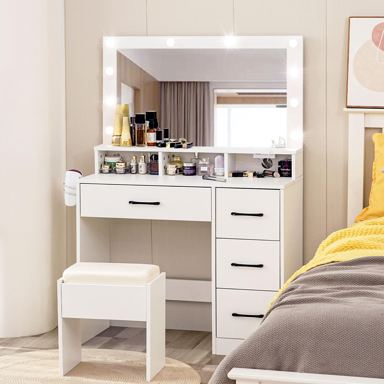 CCF Makeup Vanity Desk with Mirror and Lights, Vanity Mirror with Lights Desk and Chair, Big Vanity Mirror Desk with 4 Drawers and 10 Lights, 3 Lighting Modes Adjustable Brightness Dresser, White