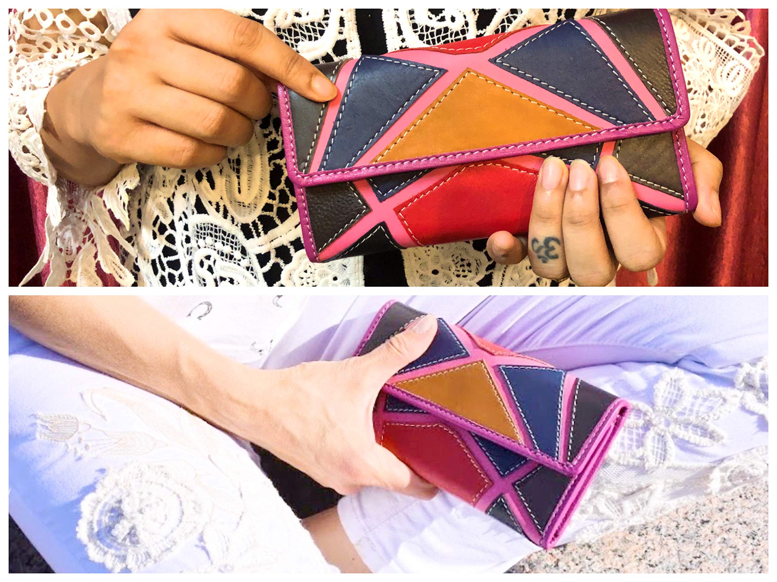 Leather Book® RFID LW-1807 Love Angles Ladies Clutch | 7” wide and Slim Ladies Wallet | 6 Card Slots | 3 card window | Three slides pockets | Malty Color Real Leather