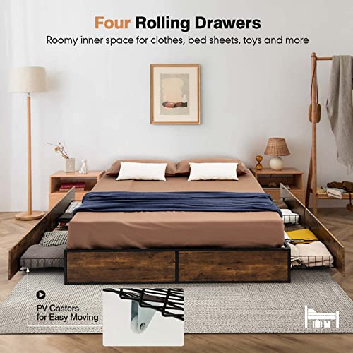 Giantex Queen Size Bed Frame with 4 Drawers, Industrial Metal Platform Bed Frame with Footboard, Reserved Holes for DIY Headboard, Heavy-Duty Mattress Foundation, No Box Spring Needed, Easy Assembly