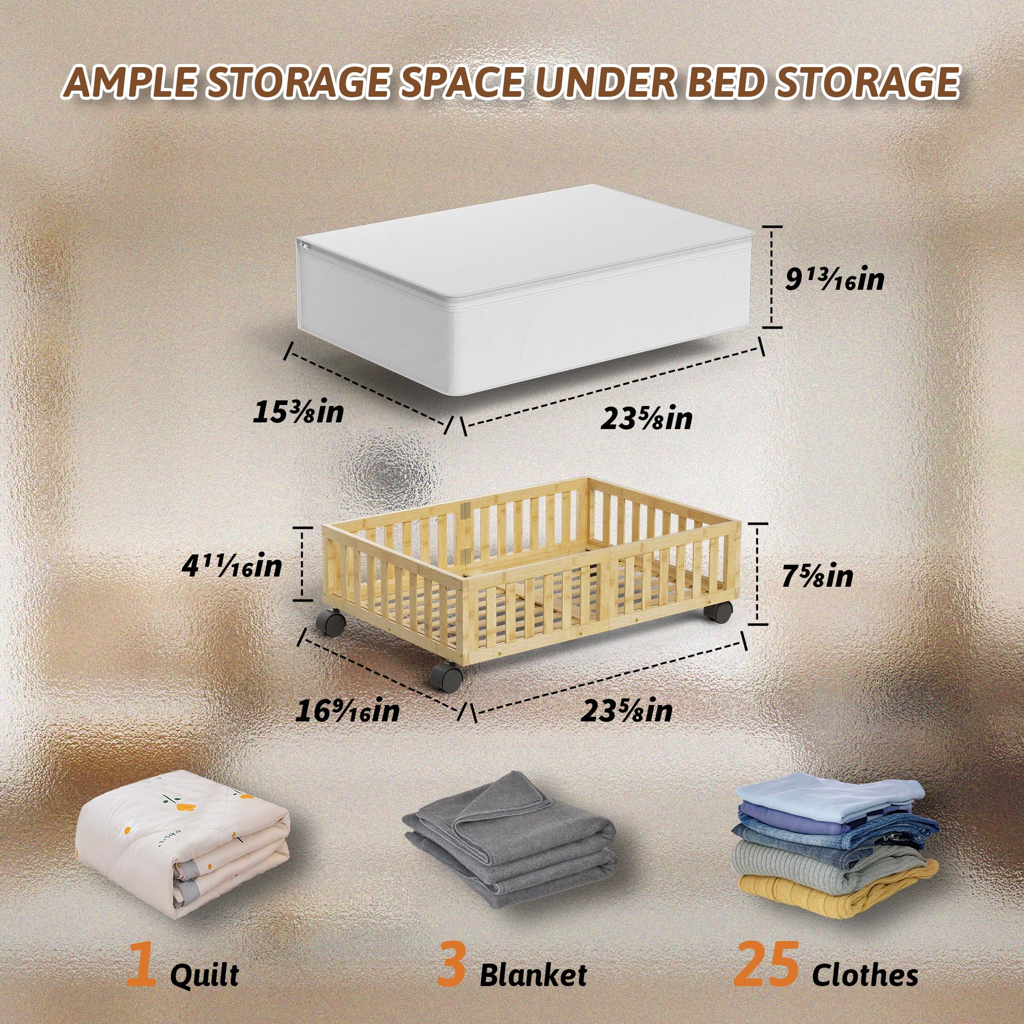 Bamboo Under Bed Storage Containers with Wheels, 2 Pack Under the Bed Shoe Storage Bins, Wood Rolling Underbed Drawers with Bag Organizer for Bedroom, Sheets Clothes Blanket Comforter, Under Crib Toy