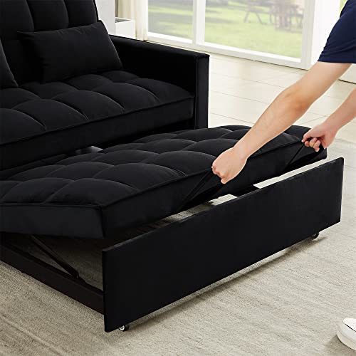 Holaki Convertible Velvet Sleeper Sofa Bed, 55.2" Velvet Loveseat Sofa Modern Pull Out Sofa Bed Lounge Chaise Armchair with Adjustable Backrest,2 Lumbar Pillows,Small Couch for Home Office(Black)