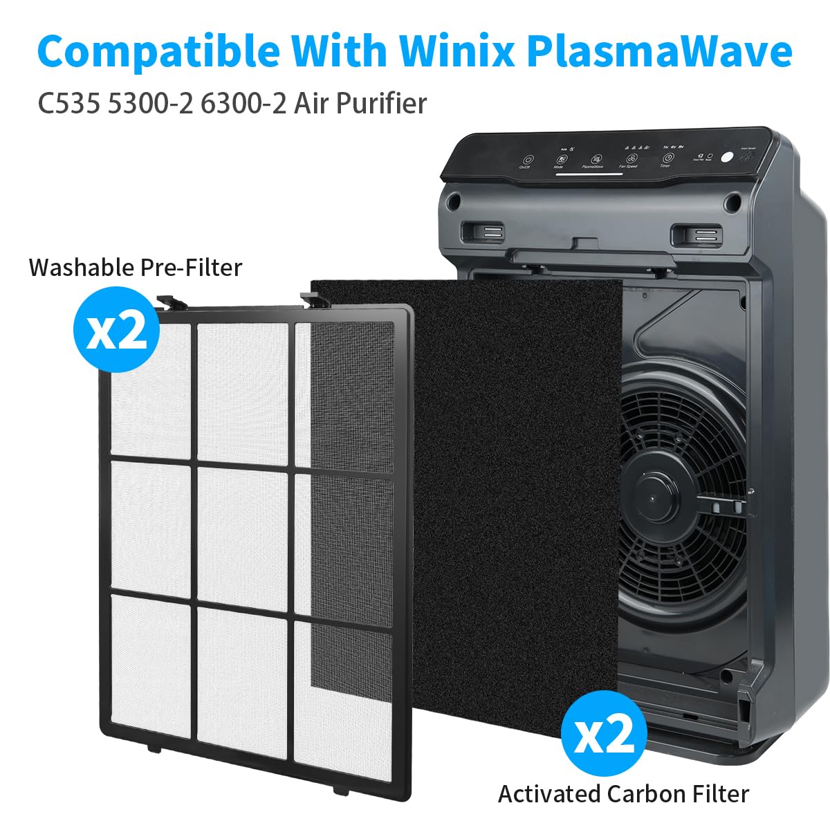 Breabetter 2 Pack C535 Washable Fine Mesh Pre-Filter with 2 Activated Carbon Filters, Compatible with Winix Plasmawave C535, 5300-2, 6300-2 Air Cleaner Purifier