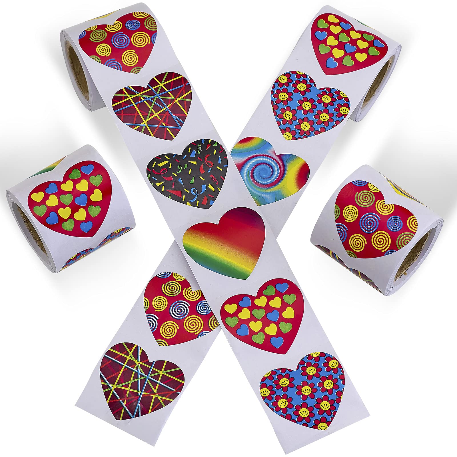 Kicko Funky Heart Stickers Roll - 4 Rolls - Colorful Assorted Design Heart-Shape Stickers - for Party Favors, Arts and Crafts, School Project, Wall Decoration, Decorative Supply - 1.5 Inches