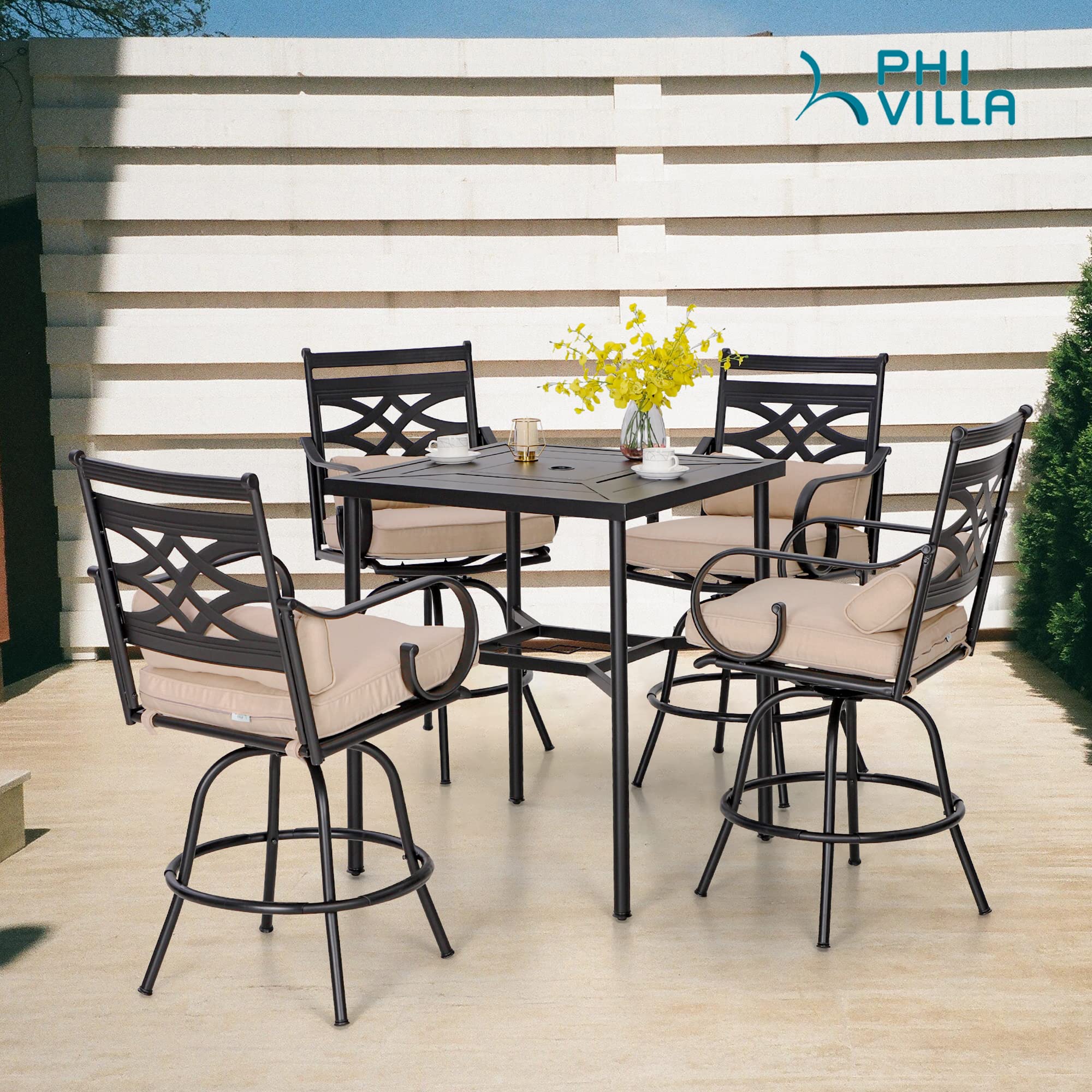 PHI VILLA 5 Piece Patio Bar Set,Outdoor Bar Table and Chairs Set, Strong and Heavy Duty Outdoor Bar Set with Cushion and Pillow,4PC Swivel Bar Stools with Square Bar Height Table