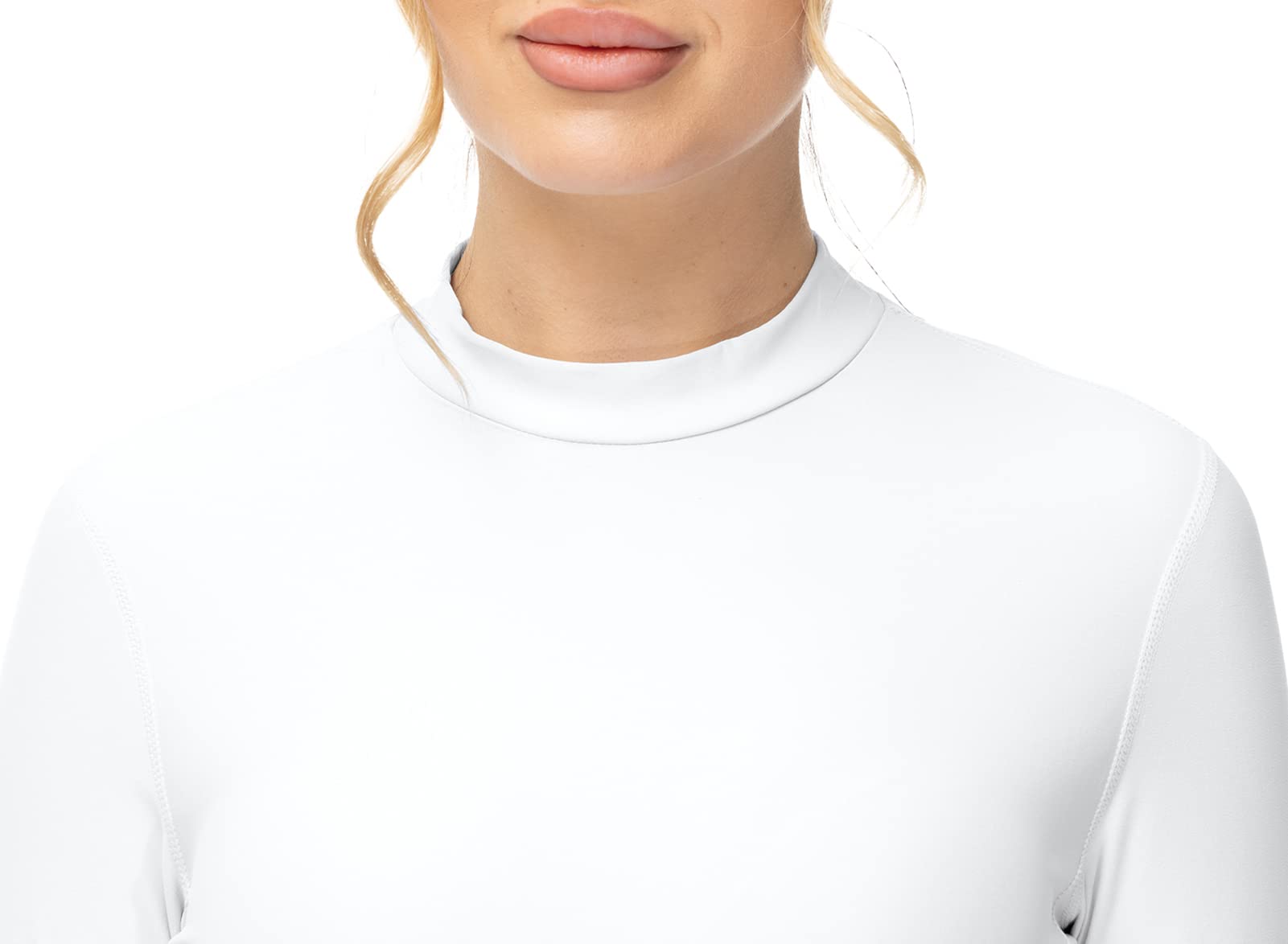 BASUDAM Women's Long Sleeve Workout Tops Compression Shirts Slim Fit Brushed Lining Stretch Mock Neck Athletic Running White L