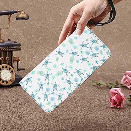InterestPrint Women's Watercolor Sea Turtles Starfish Sea Life Clutch Wallet Wrist Strap Long Purse