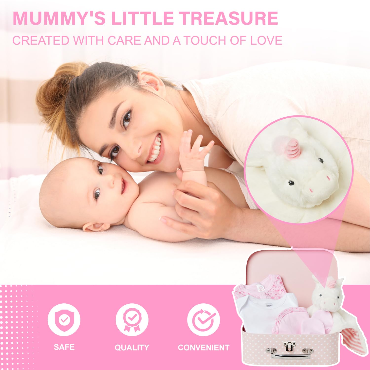 Baby Gift Set in Pink - Hamper for Baby Girl with Newborn Essentials Including a Comforter, Bodysuit, Sleepsuit, Cotton Bib and Mittens
