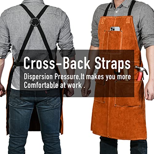 Leather Welding Work Apron,Woodworking Shop Apron,Heat Resistant & Flame Resistant Bib Apron, Flame Retardant Heavy Duty BBQ Apron, Adjustable Fit M-XXXL Men & Women