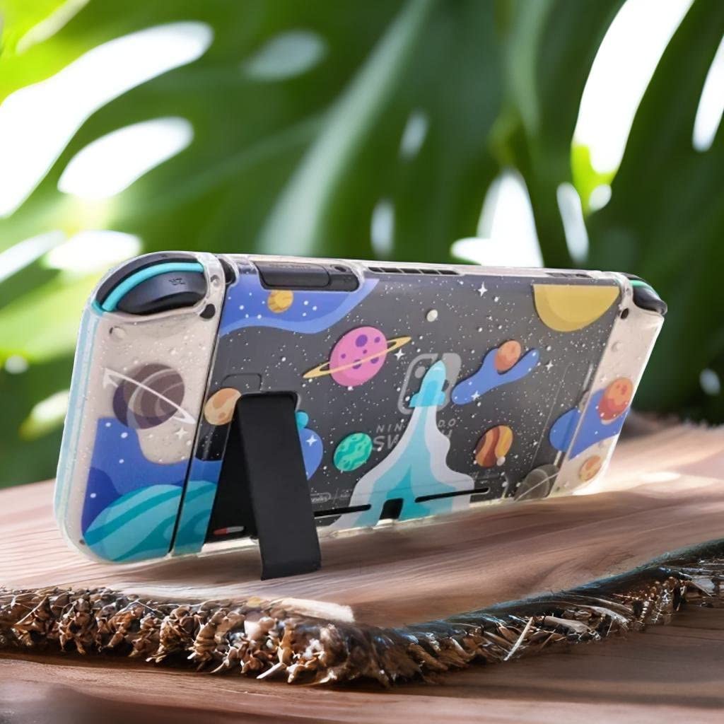 NANANINO Switch Clear Glitter Case, Switch TPU Case, Switch Protective Case with Animal Crossing Thumb Grips and Tempered Glass Screen Protector - Rocket Theme