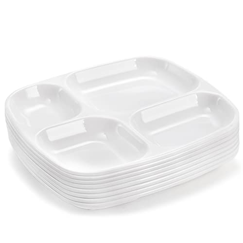 Dicunoy 8 PCS Divided Meal Tray, 10 Inch Melamine Dinner Plates for Adults, Sectional 4 Compartments Portion Control Plate Reusable Serving Platter for Salad, Noodles, Kids, Camping, Picnics