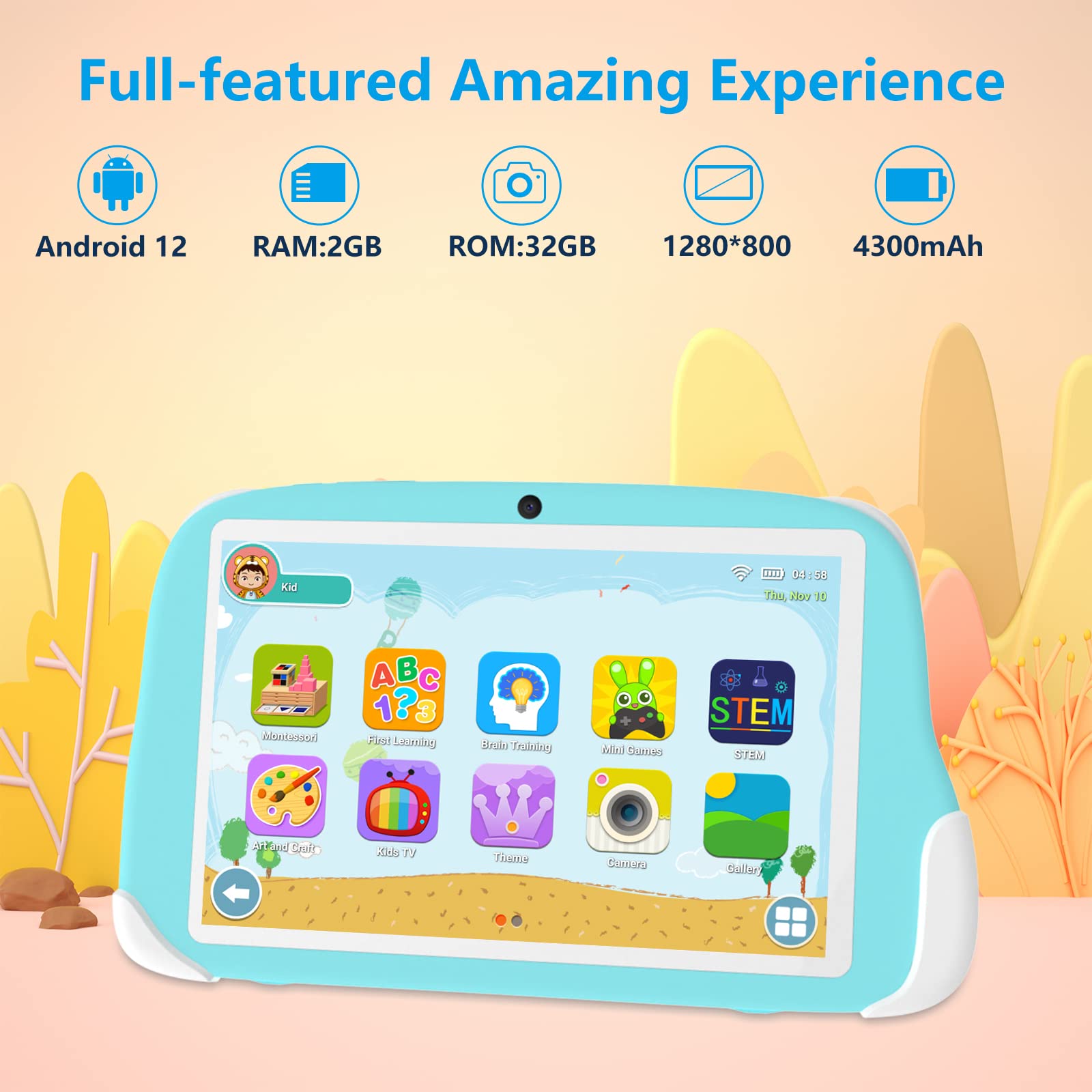 BYANDBY Kids Tablet 8 inch, Android 12 Tablet for kids, 1280×800 HD Touch Screen, 2+32GB, 512GB Expand Tablet PC, Games, Wi-Fi, Dual Camera, Gift for boys(Sky Blue