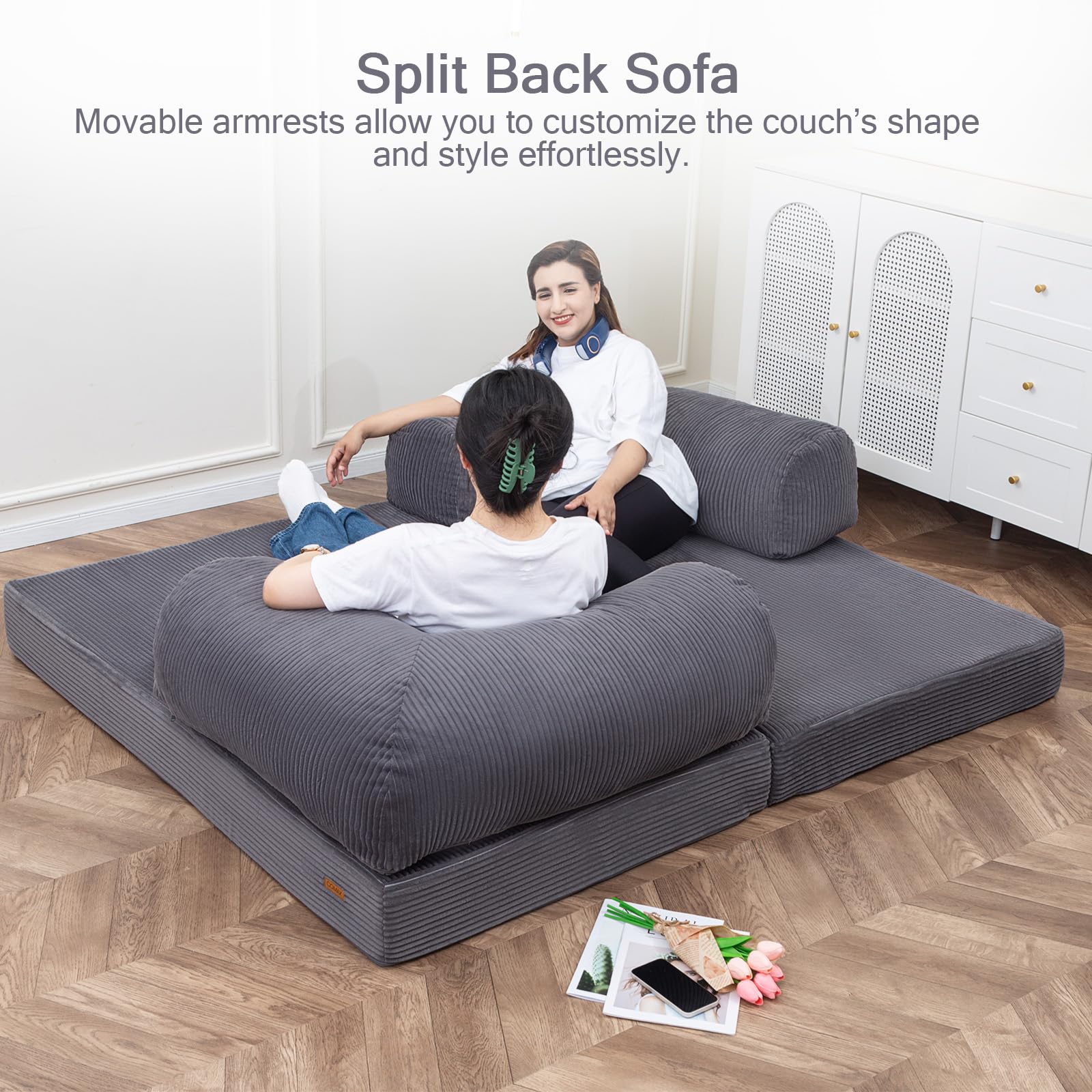 COMAX Folding Sofa Bed, Convertible Sofa Queen Floor Couch with L-Shaped Armrests, Foldable Futon Chair Bed Sleeper Mattress Fold Out Comfy Lounge for Living Room Bedroom, Dark Grey