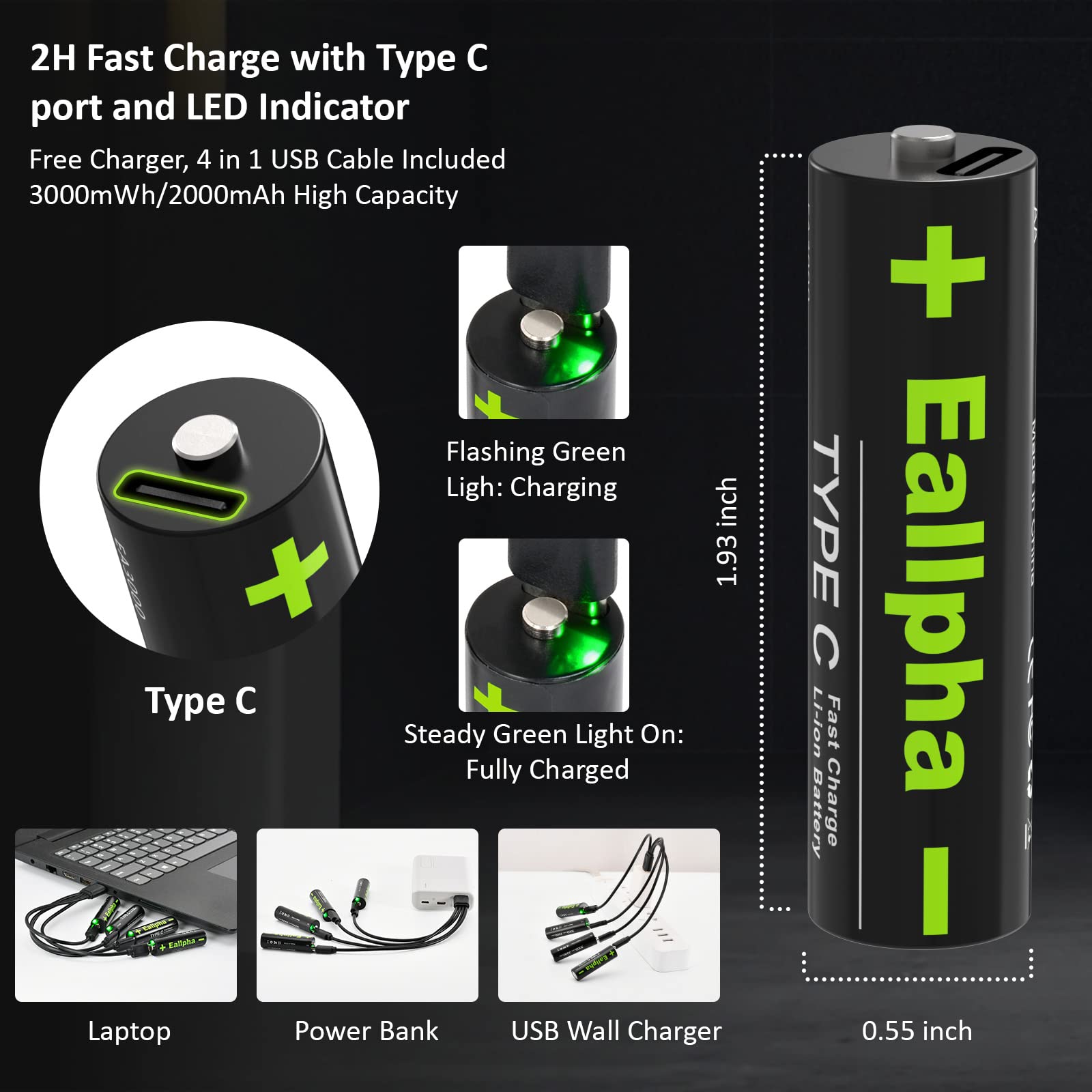 Eallpha Rechargeable AA Batteries 3000mWh,2Hours Fast Charge AA Rechargeable Lithium Batteries, USB C Rechargeable AA Batteries, 1200+ Cycles 1.5V Lithium AA Batteries for Toy Cars Toothbrush(4 Packs