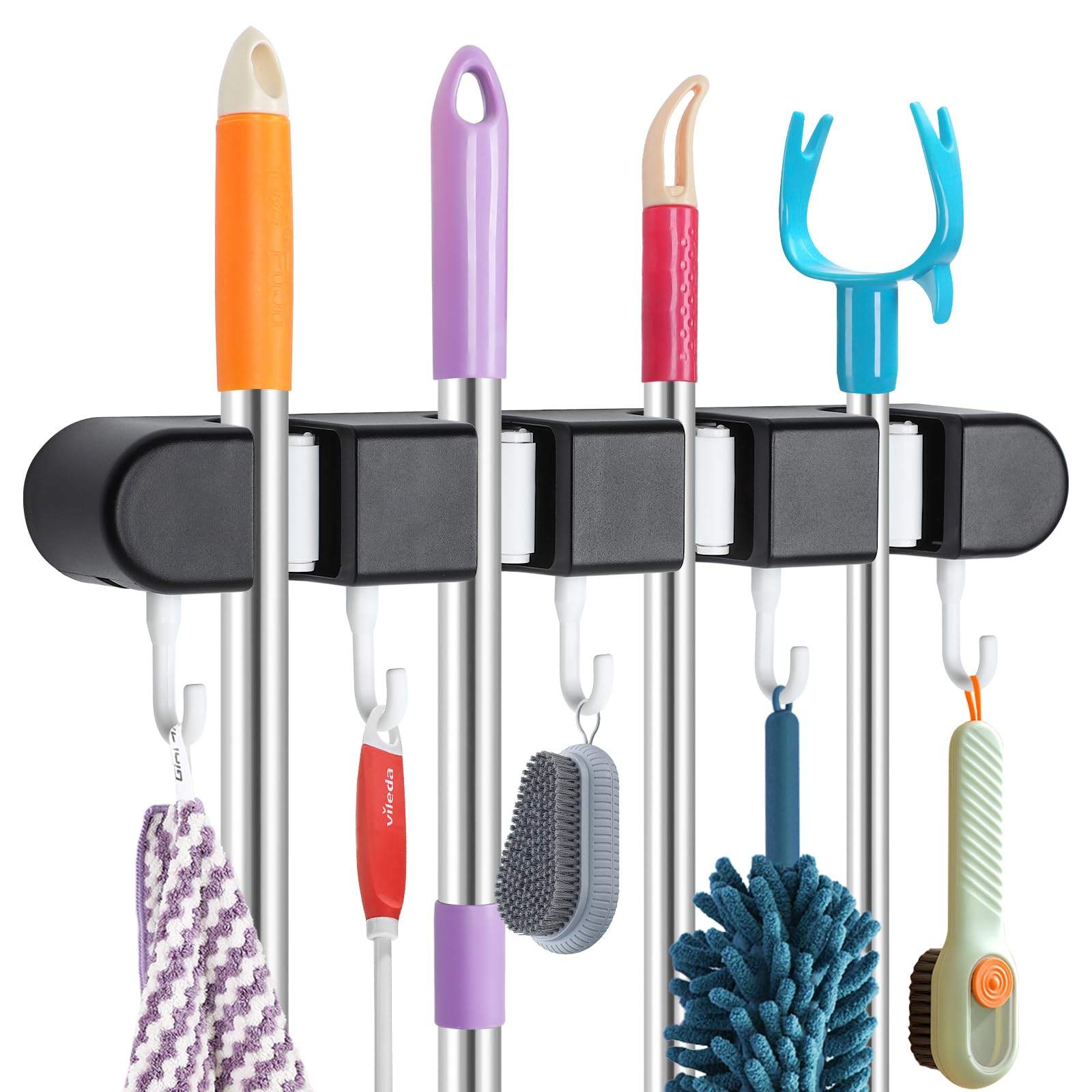Broom and Mop Holder Wall Mounted, Mop Hanger Broom Storage Tool Rack with 4 Racks & 5 Hooks, Mop Broom Organizer, Garden Tool Organizer with Adhesive Hooks for Home Laundry Garage Kitchen Shed, Black
