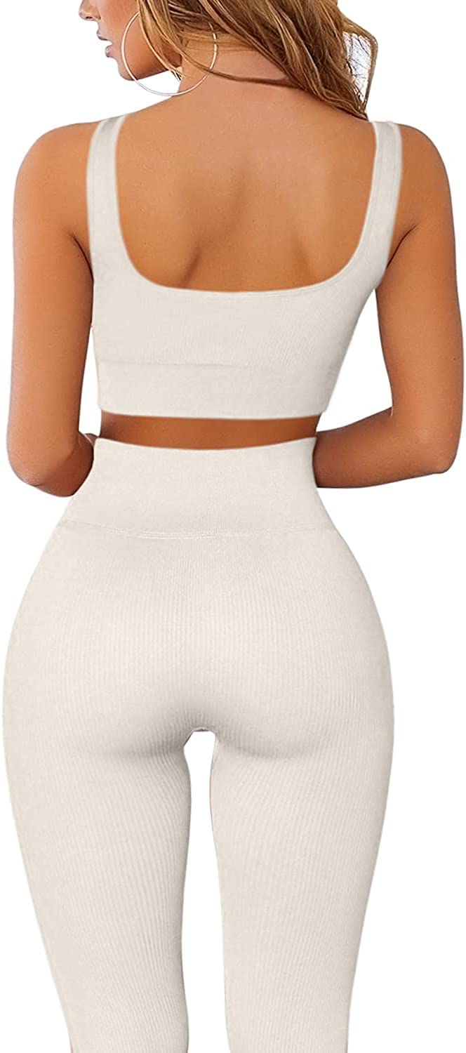 Beaufident Ribbed Workout Set for Women Active 2 Pieces Seamless Yoga Leggings with Support Paded Sports Top, Cream, Small