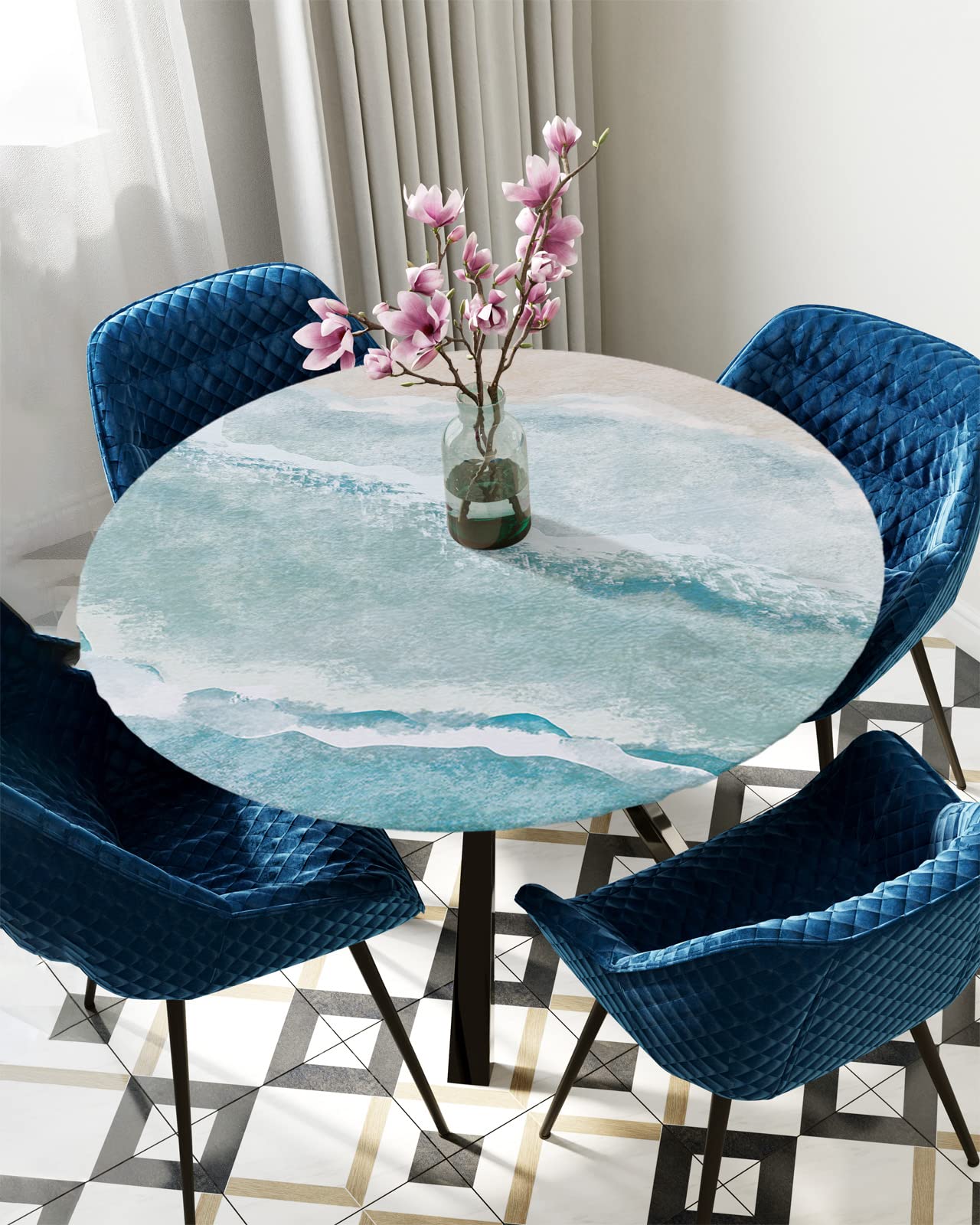 BEKYONEE Summer Ocean Round Fitted Tablecloth 55-60in Beach Seaside Waterproof Table Cover Coastal Sea Waves Elastic Edged Washable Table Cloths for Kitchen Picnic Outdoor Tabletop Abstract Art Decor