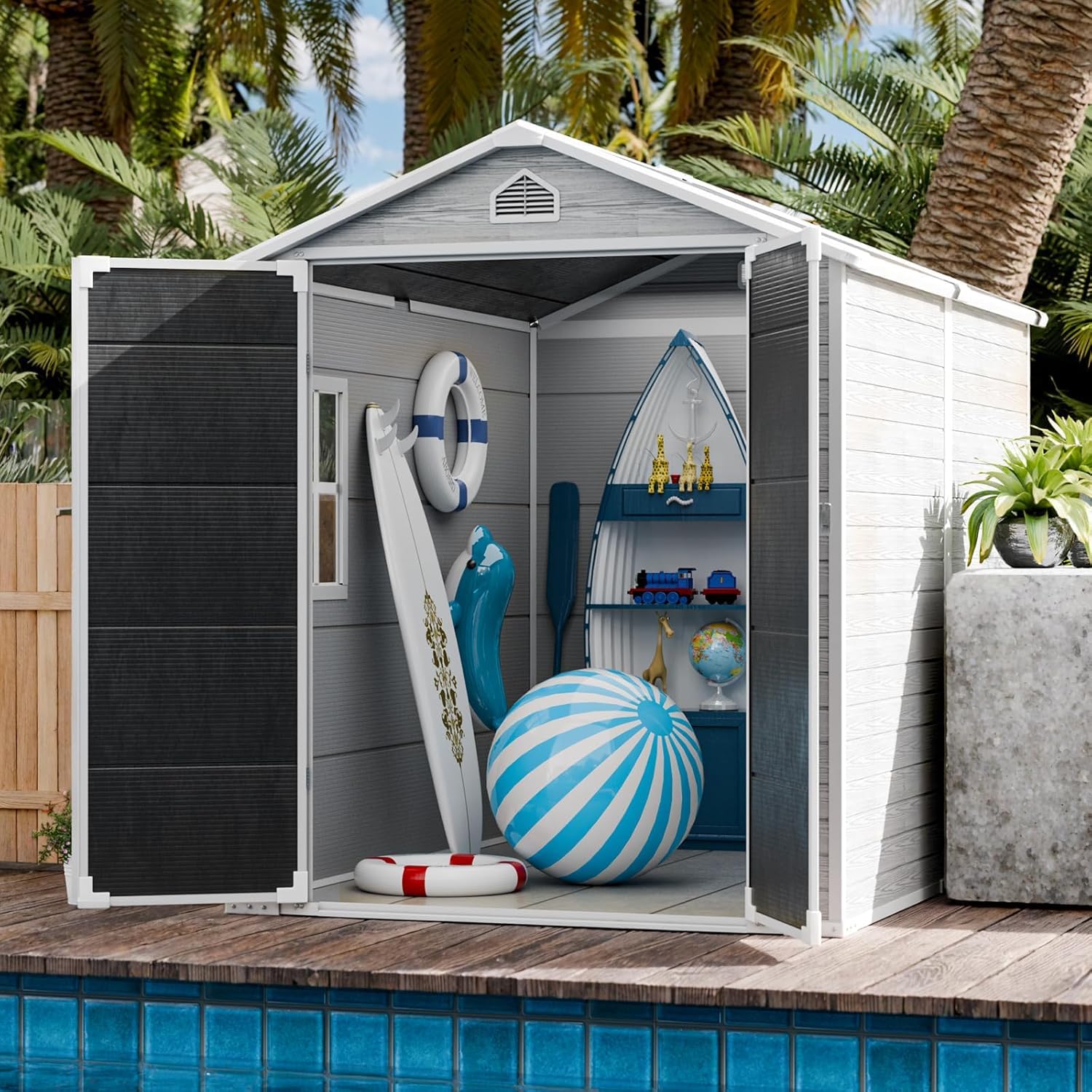 CDCASA 8x6 FT Resin Storage Shed, Waterproof Large Outdoor Shed with Floor & Lockable Door & Window & Vents, Plastic Tool Shed for Backyard, Patio, Poolside, Lawn, Gray
