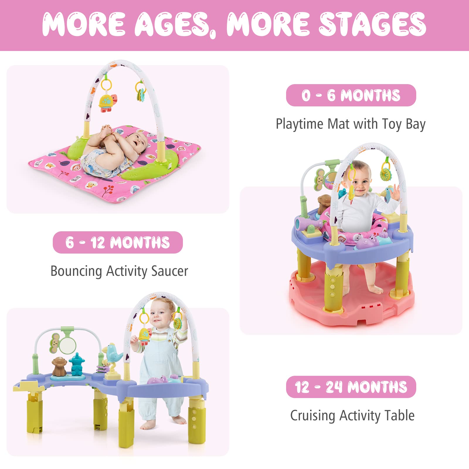 BABY JOY Baby Bouncer Activity Center, 3 in 1 Activity Center & Table | Infant Play Mat, Bouncing Activity Saucer w/Music, 3 Adjustable Height, 360° Seat, Exersaucer for Babies 0-24 Months (Pink)