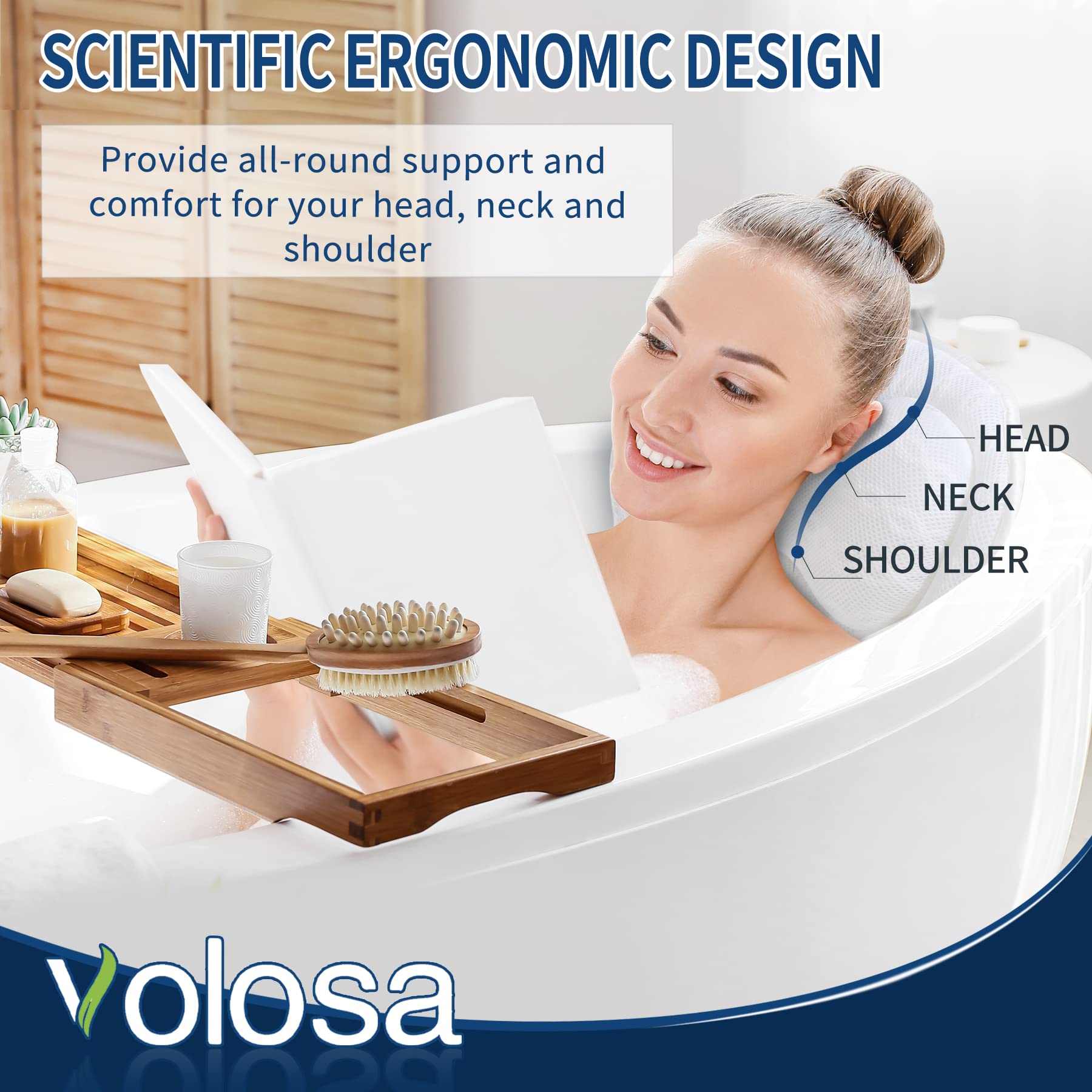 Bath Pillow for Bathtub, VOLOSA Bath Pillows for Tub Neck and Back Support, Luxury Bath Tub Pillow with 6 Suction Cup, 3D Air Mesh Headrest for Soaking Tub, Bubble Baths and Relaxing Spas