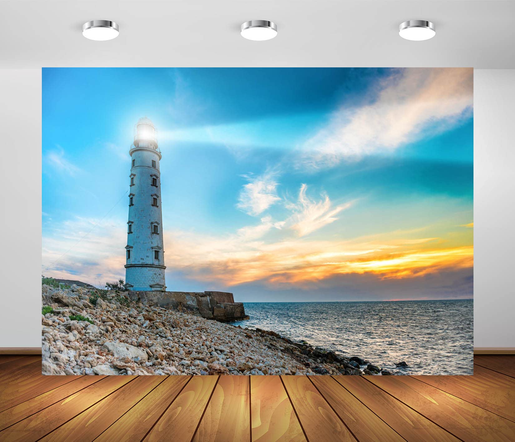 BELECO 7x5ft Fabric Seaside Lighthouse Backdrop for Photography Lighthouse Searchlight Beam Sunset Seascape Scenery Background Nautical Party Decorations Studio Booth Photo Props