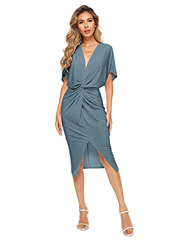 Floerns Women's Short Sleeve V Neck Twist Front Split Midi Dress Dusty Blue L
