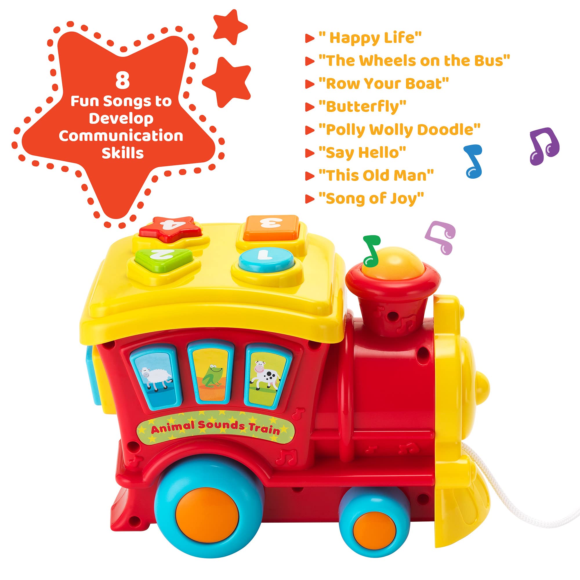 KiddoLab Toy Train - Interactive & Educational Pull Toy for Babies, Toddlers, Children - Numbers & Animal Sound Buttons, 8 Songs, Volume Control, Flashing Light - for Kids Ages 6 Months & Up