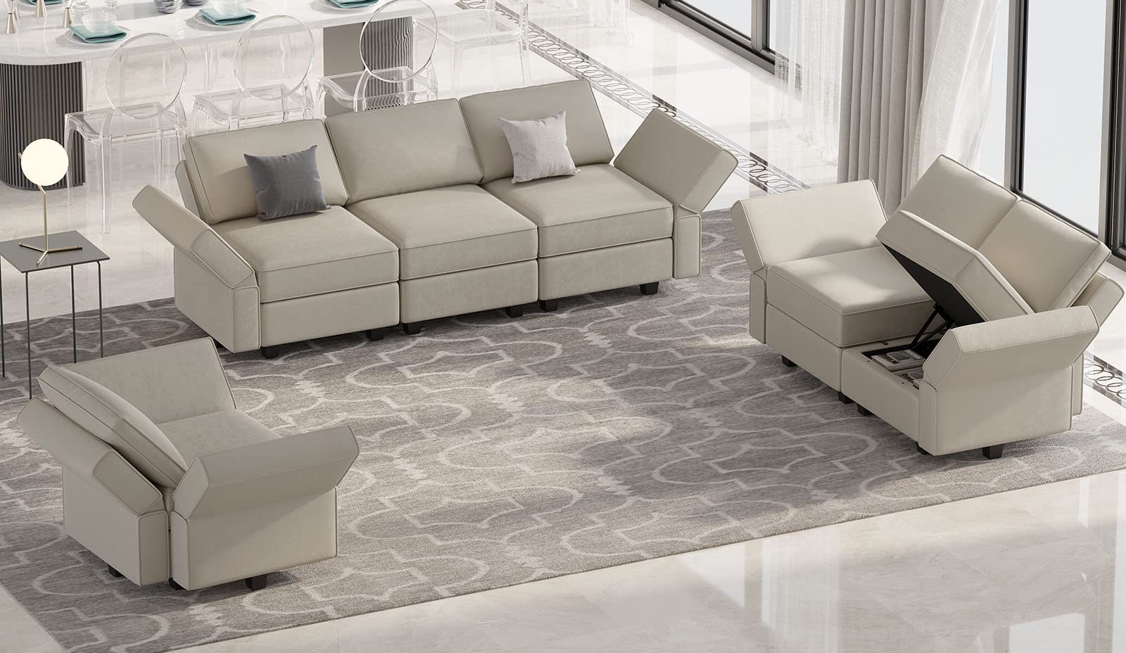 Belffin Modular Sofa Set for Living Room Furniture Sets 3 Piece with Storage Seat Velvet Sofa Couch Set Grey