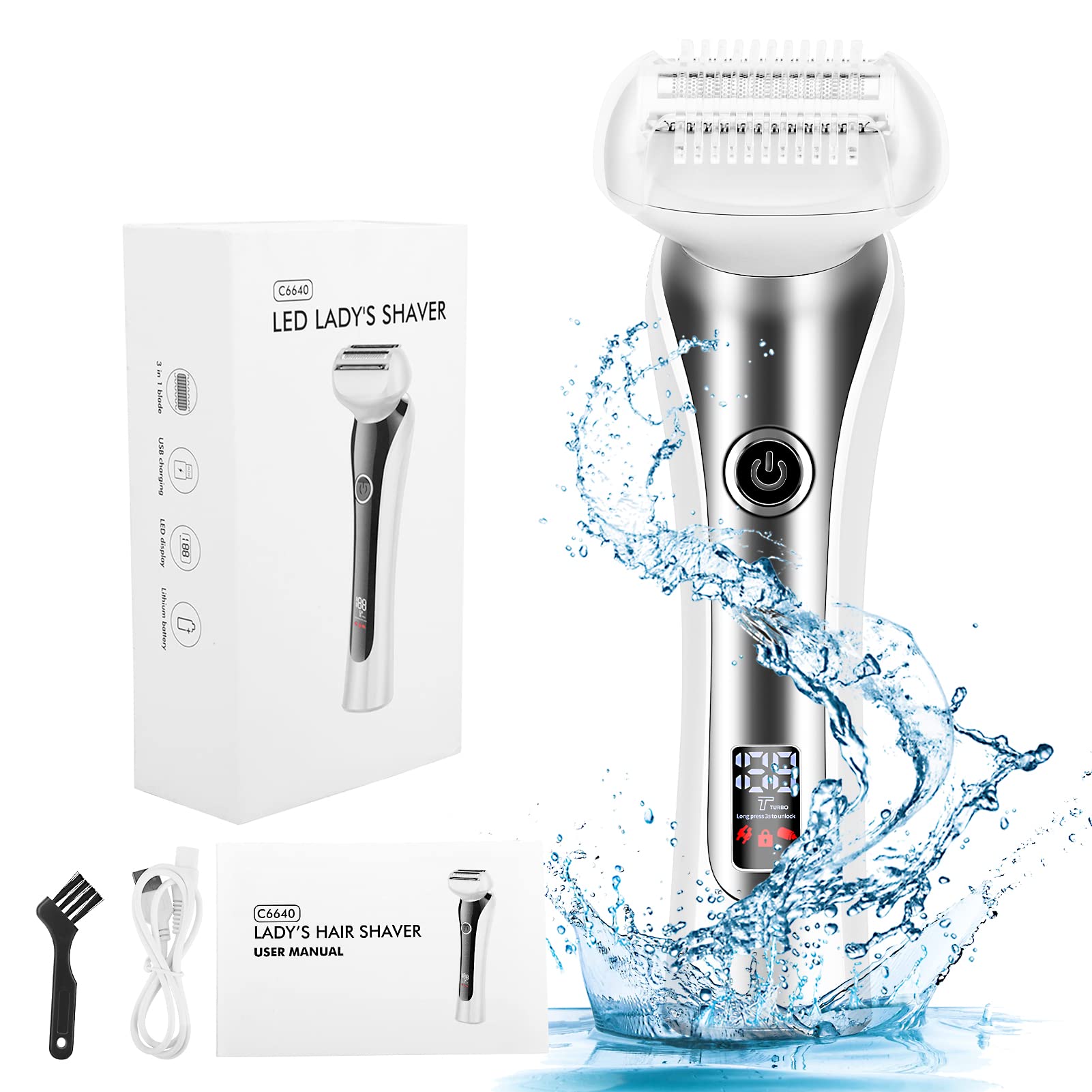 Electric Shaver for Women, LED Display 3 in 1 Blade Electric Razor Painless for Legs Bikini Trimmer Underarm Public Hairs, Rechargeable Womens Hair Remover Wet Dry Use Cordless with Detachable Head