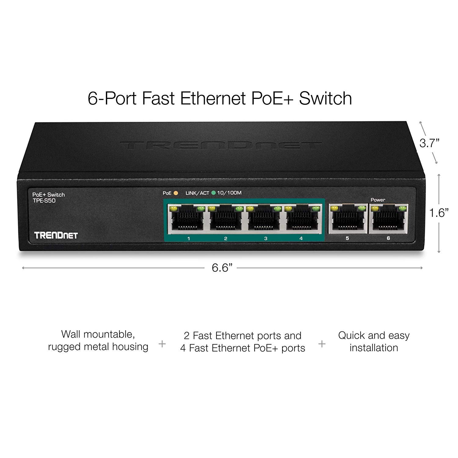 RENDnet 6-Port Fast Ethernet PoE+ Switch, TPE-S50, 4 x Fast Ethernet PoE Ports, 2 x Fast Ethernet Ports, 60W PoE Budget, 1.2 Gbps Switch Capacity, Ethernet Network Switch, Metal