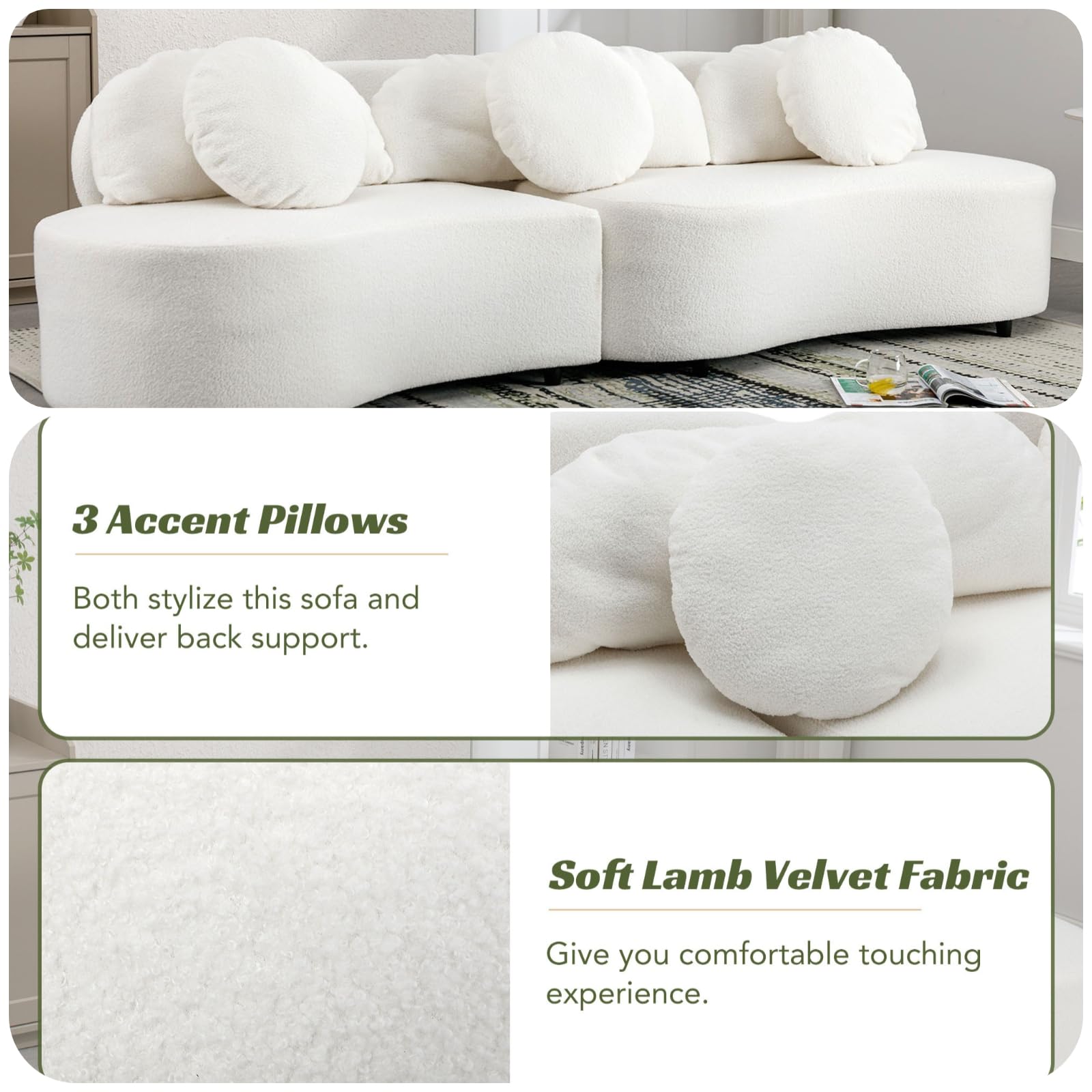 ChicFurnit Velvet Upholstered Set with 6 Pillows Sofa, 103.9" L x 26.7" W x 29.5" H, Beige