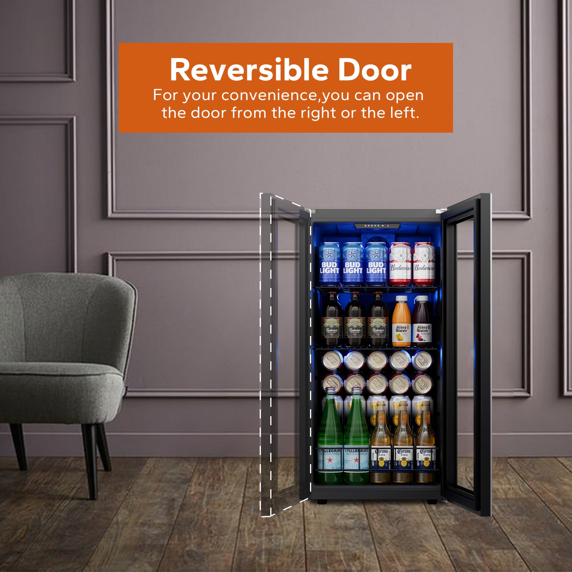 Ca'Lefort Beverage Refrigerator, 121 Can Mini Fridge Glass Door for Beer Soda 38-68°F, Freestanding/Under Counter Beverage Cooler for Bedroom/Office/Bar, 3 Adjustable Shelves(3.11 Cu.Ft)
