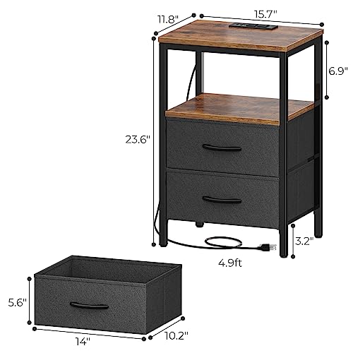 Huuger Nightstand with Charging Station, Side Table with Fabric Drawers, End Table with Open Shelf, Bedside Table with USB Ports and Outlets, Night Stand for Bedroom, Rustic Brown