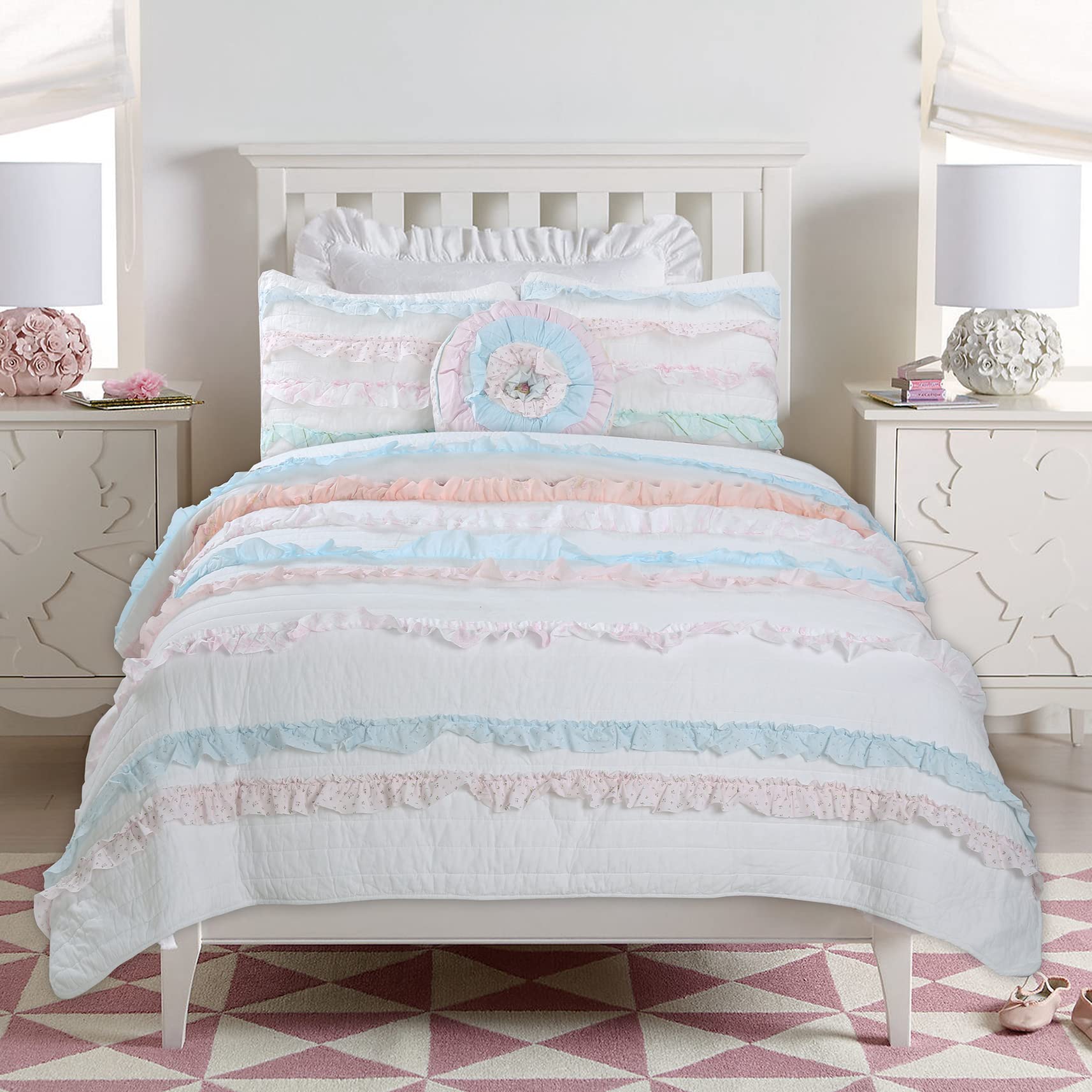 Cozy Line Home Fashions Light Pink Blue Coral White Ruffle 100% Cotton Reversible Girl Quilt Bedding Set, Reversible Coverlet Bedspread (Shabby Chic, Queen - 3 Piece)