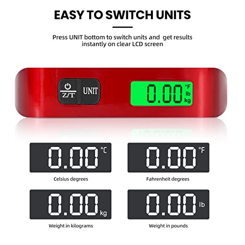 BAGAIL Digital Luggage Scale,110lbs Hanging Baggage Scale with Backlit LCD Display,Portable Suitcase Weighing Scale,Travel Luggage Weight Scale with Hook,Strong Straps for Travelers.(Red with Temp)