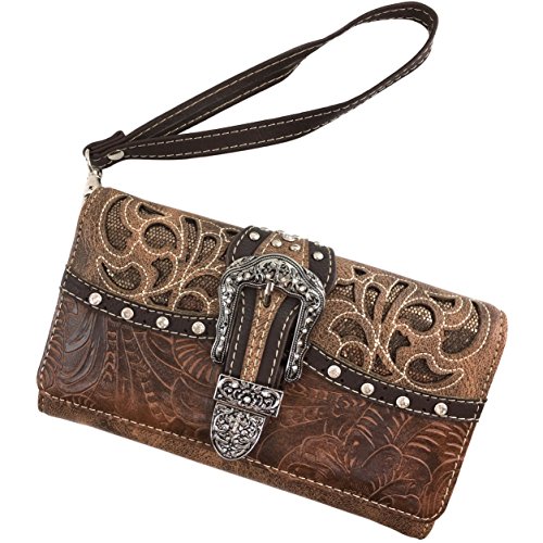Justin West Gleaming Laser Cut Rhinestone Buckle Studded Concealed Carry Handbag Purse (Coffee Purse Wallet Set)