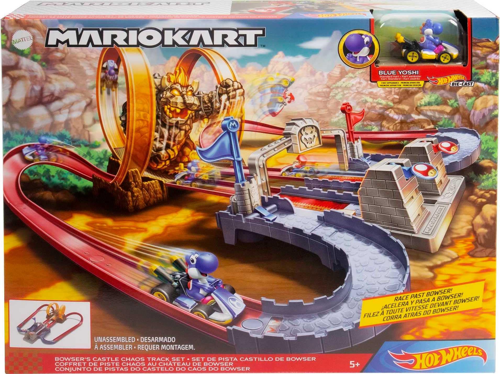 Hot Wheels Mario Kart Bowser’s Castle Chaos Modular Track with Side by Side Racing Lap Flags and Bowser Figure Connects to Other Sets Gift idea for Ages 3 Years and Older