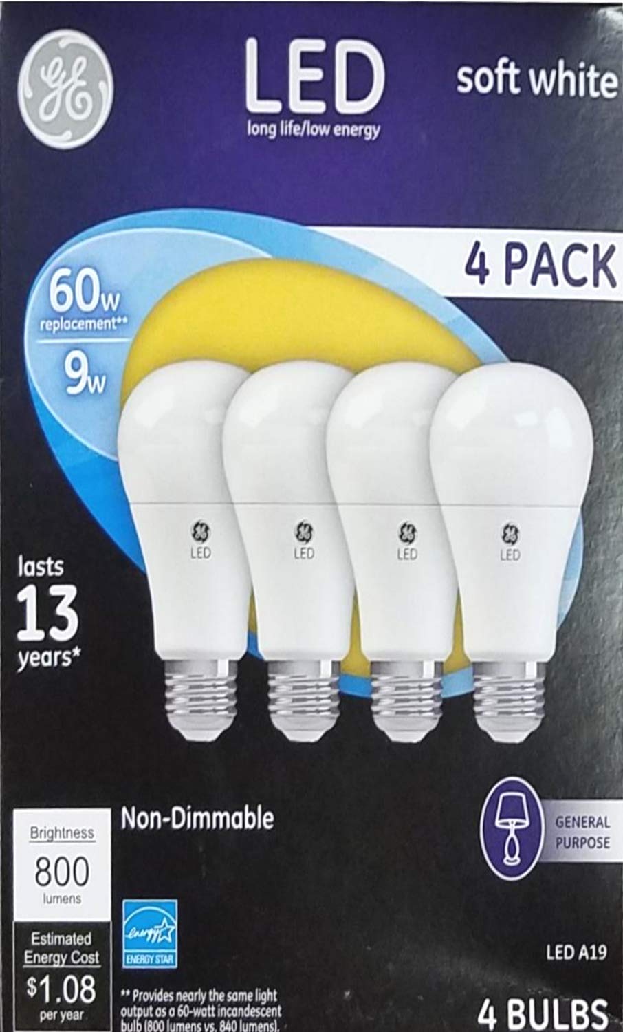General Electric 61986 4PK WHT 4 Pack 9W Soft White A19 Shape LED Light Bulb, 4 Count (Pack of 1)