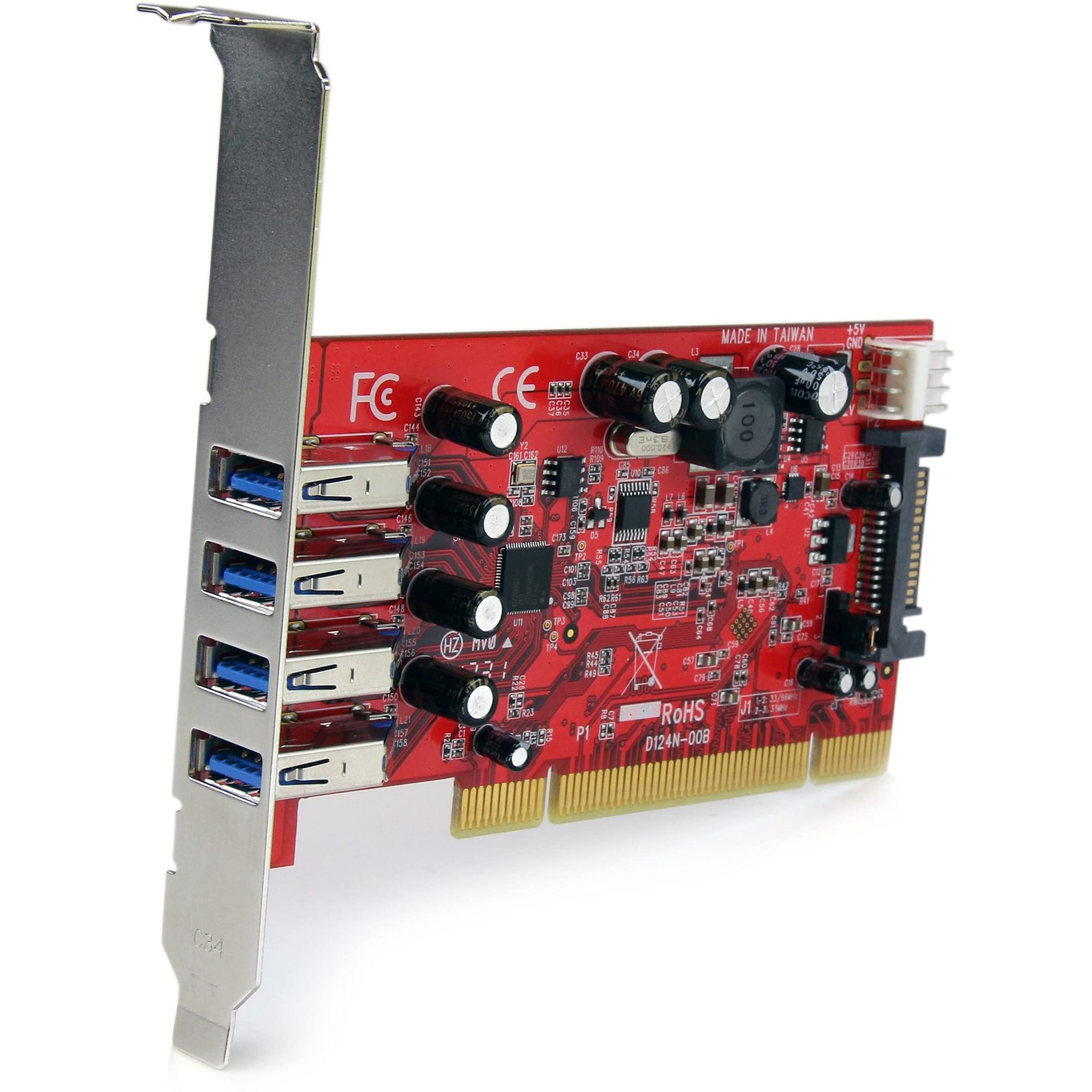 StarTech.com 4 Port PCI SuperSpeed USB 3.0 Adapter Card with SATA/SP4 Power, Quad Port PCI USB-A 3.0 (5Gbps) Controller Card, Red, Windows Only , TAA (PCIUSB3S4)