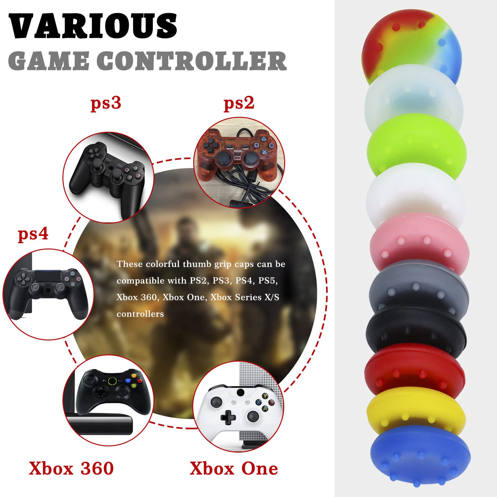 BeautyMood 40pcs Colorful Thumb Grips Silicone Analog Controller Joystick Thumb Stick Grips Caps Cover for PS2, PS3, PS4, PS5, Xbox 360, Xbox One, Xbox Series X/S Controller