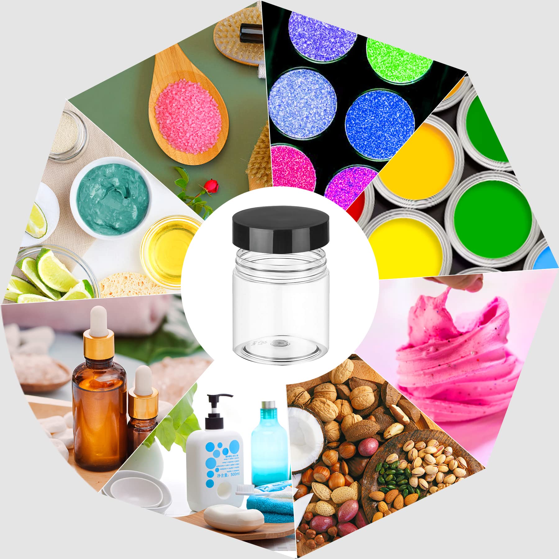 Hajoyful Plastic Jars with Lids 4OZ 48PCS,Small Cosmetic Slime Containers Clear Travel Round Jars Empty Refillable Sample Containers Leak Proof Pot Jars with Black Lids for Lotion, Cream, Cosmetics