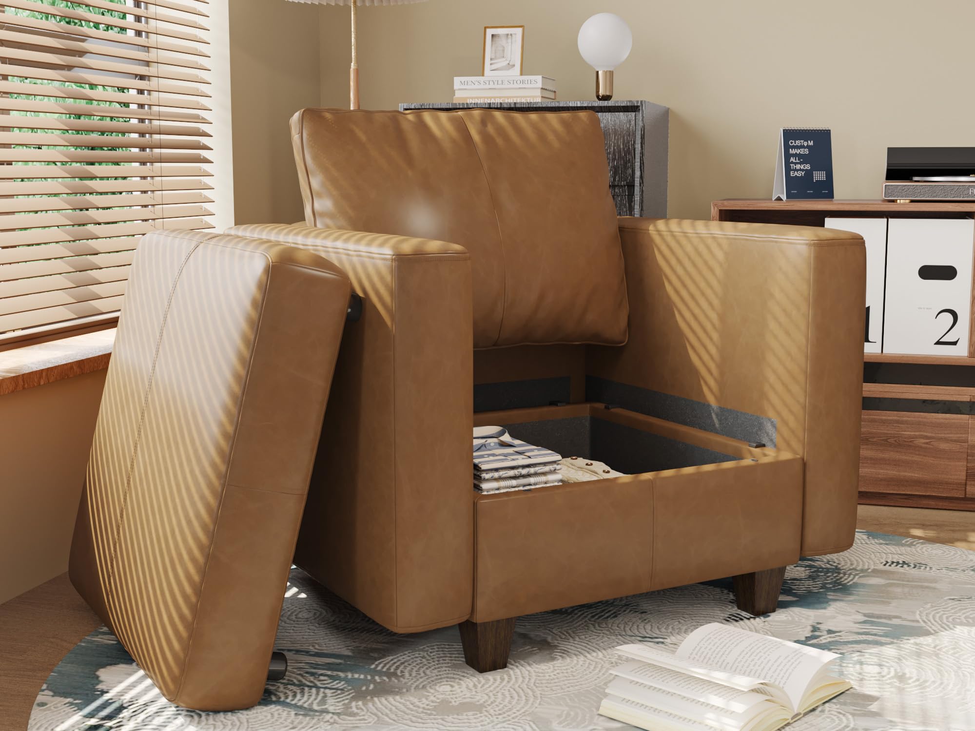 EASE MOOSE Modular Sectional Accent Chair with Storage Seat, Faux Leather Armchair Modern Single Sofa Club Chair for Living Room
