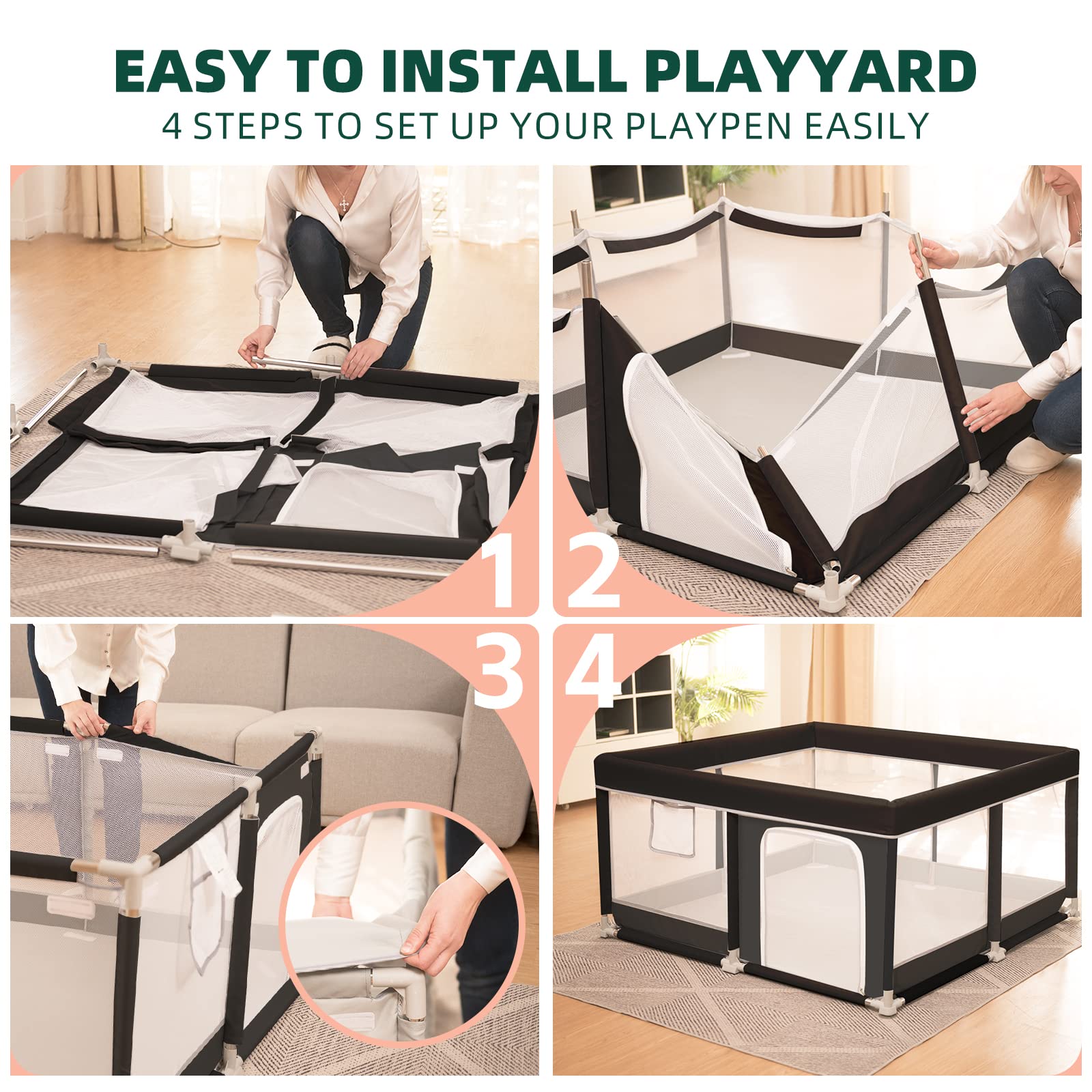 Baby Playpen with Mat, Baby Playyard with Mat 2.2lb Thicker Cotton Play Mat, Easy to Install Playyard with Mat, Sturdy Playpen with 0.2IN Protection Cover, Storage Bag,4 Pull Rings
