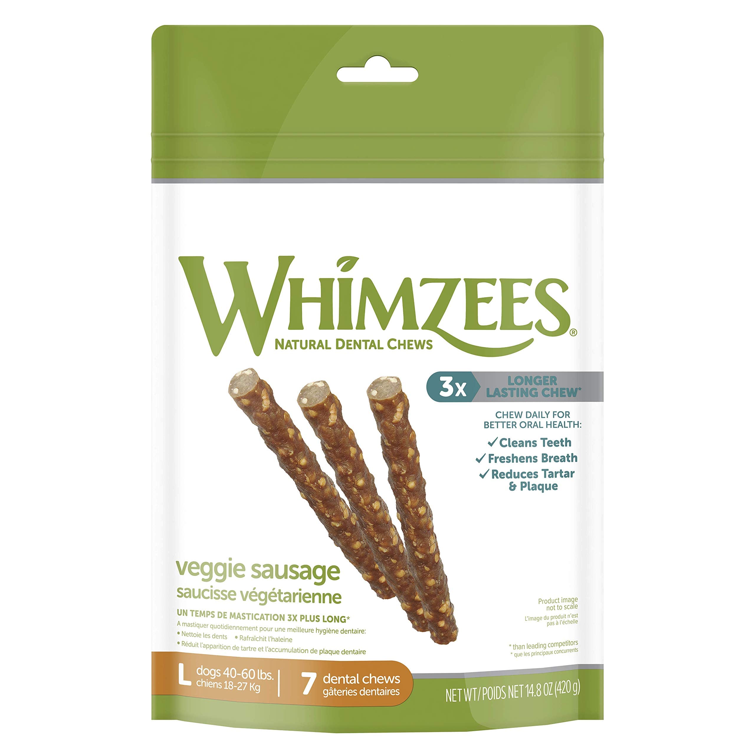 Whimzees Brushzees Dental Chews for Dogs (Large) and Veggie Sausage Dental Chews for Dogs (Large)