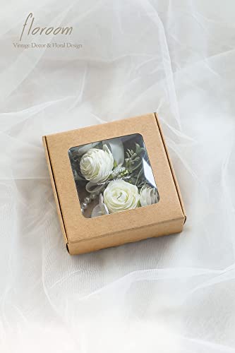 Floroom Ivory Ranunculus Peony Wrist Corsage Wristlet Band Bracelet and Men Boutonniere Set for White Wedding Flower Accessories Prom Suit Decorations