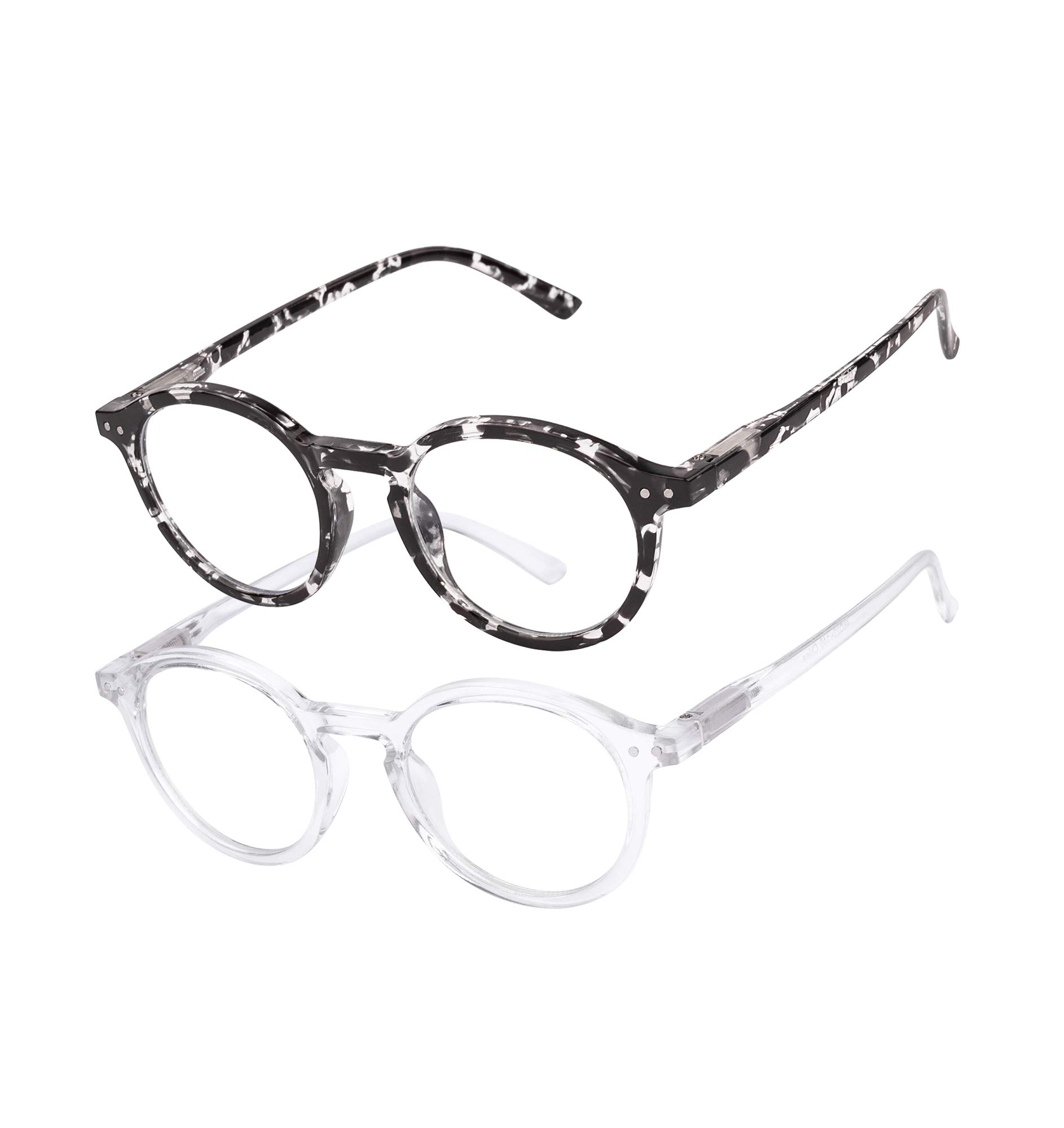 Blue Light Blocking Glasses 2 Pack Vintage Thick Round Rim Fashion Computer Game Eyeglasses for Women Men Anti Eyestrain Headache Reading Glasses Non Prescription (Grey Demi+Transparent)