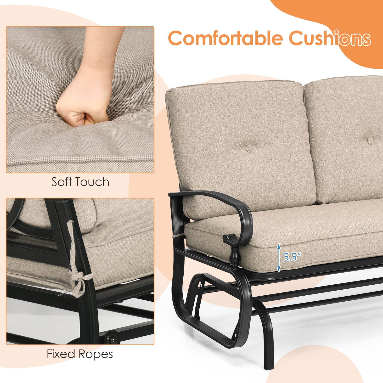 HAPPYGRILL Outdoor Swing Glider Bench Patio Loveseat Glider with Comfortable Cushions, 2 Persons Rocking Glider Chair for Porch Balcony Garden Poolside